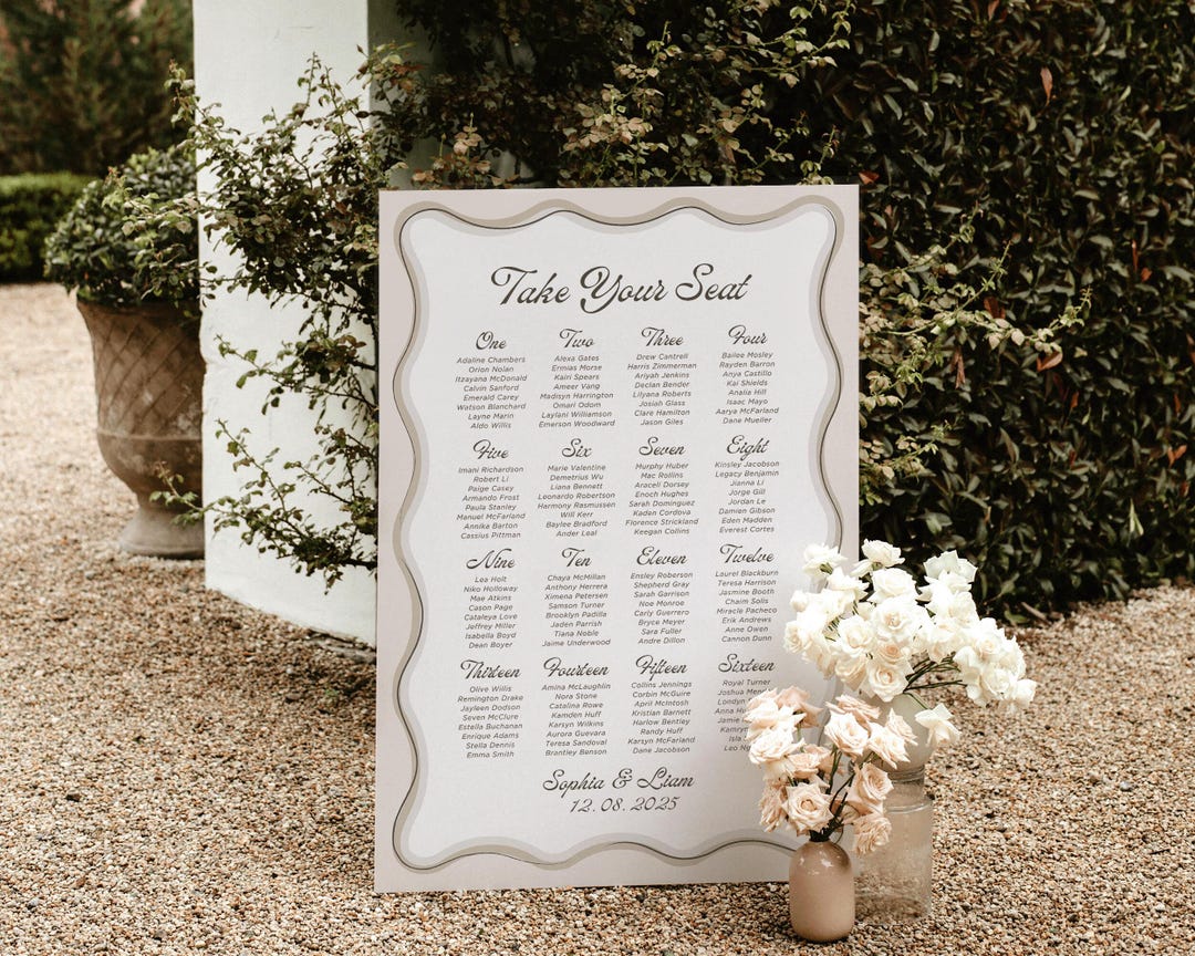 Scallop Edge Seating Chart | Beige Neutral Wedding Sign | Wavy Table ...