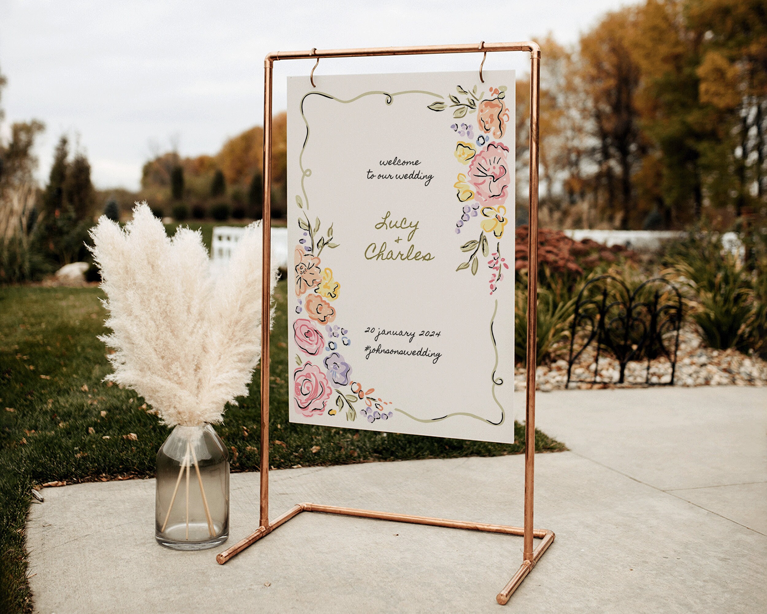 Hand Drawn Floral Wedding Welcome Sign Garden Party Welcome Sign Floral ...