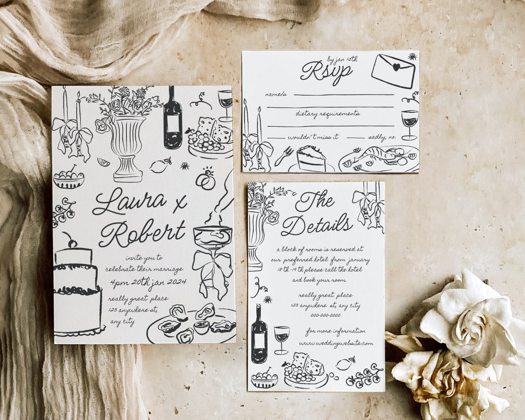 Hand Drawn Wedding Invitation Suite | Whimsical Invite | Dinner ...