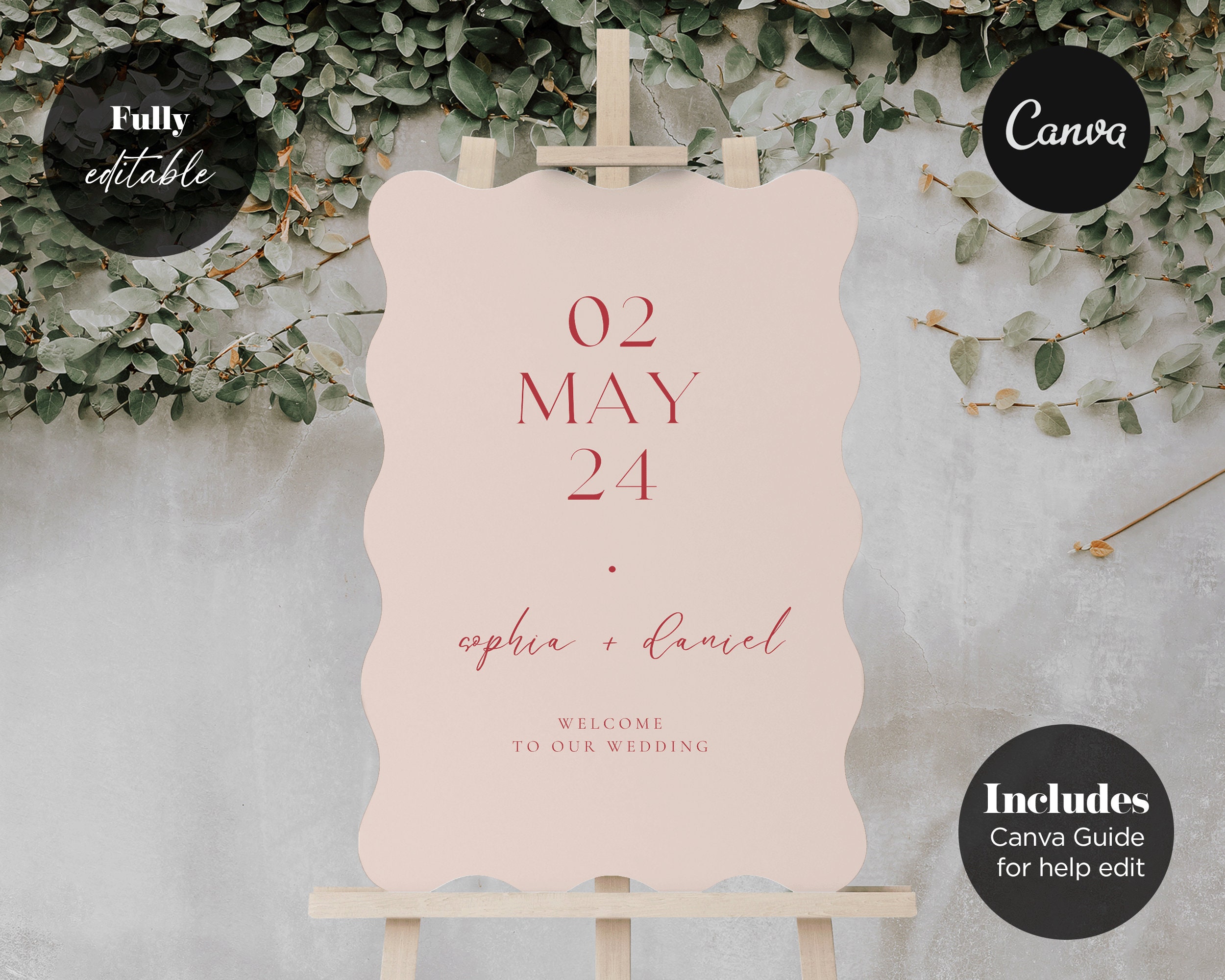 Wavy Wedding Sign Template Pink Wave Wedding Sign Modern Welcome Sign ...