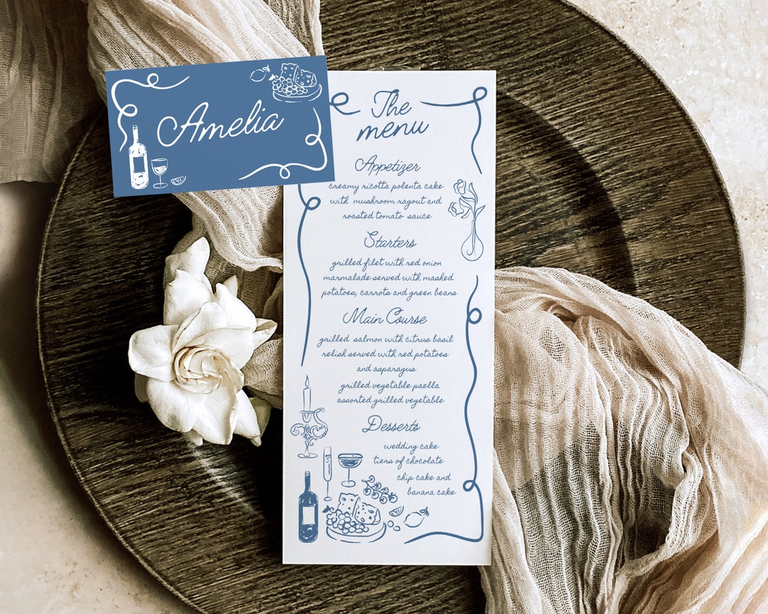 Menu & Place Card Template Hand Drawn Menu Template Place Card Wedding ...