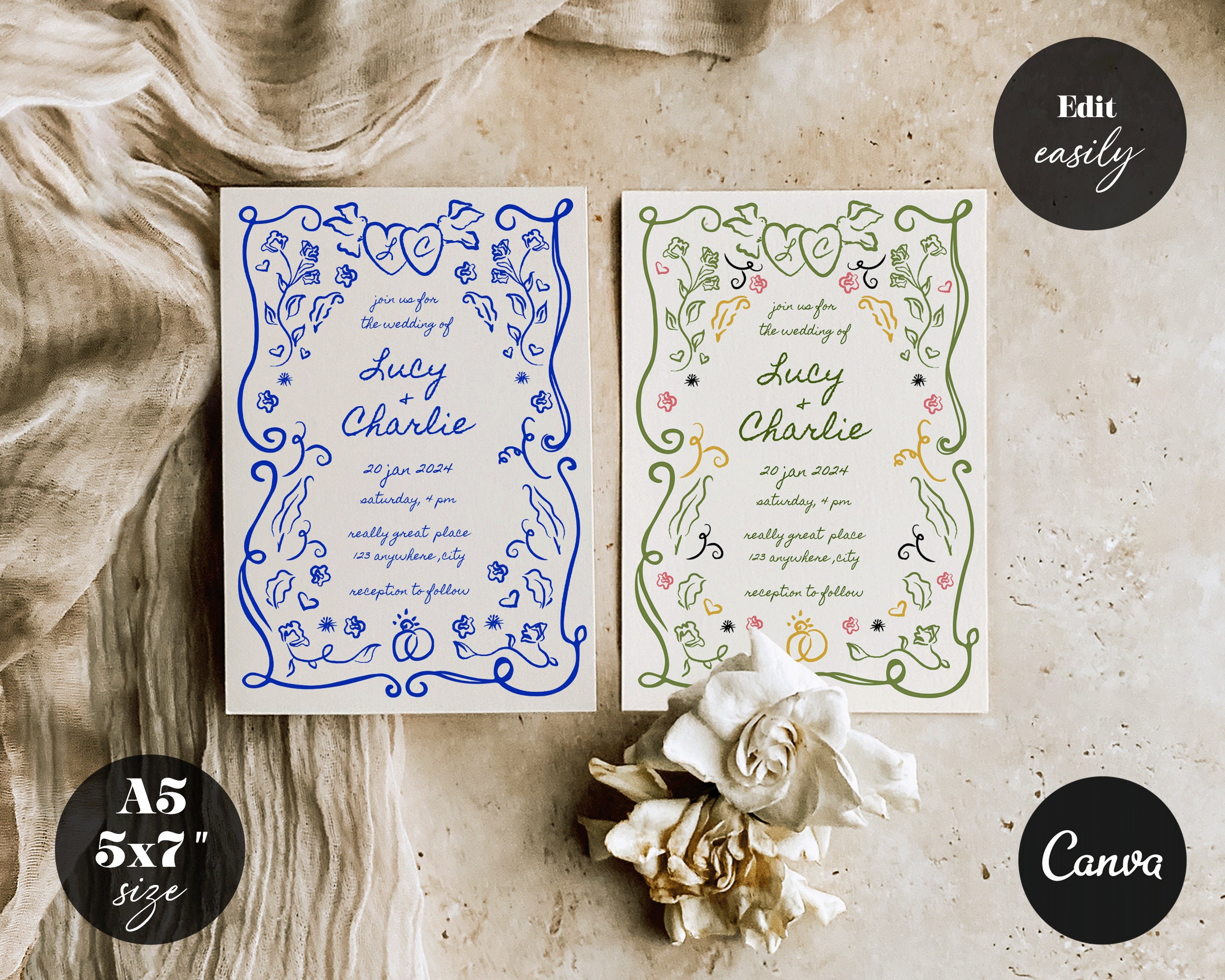 Whimsical Wedding Invitation Template Quirky Funky Invitation Hand ...