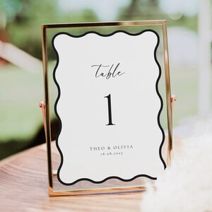 Black Wavy Table Number Sign Template | Luxury Wedding Table Number ...