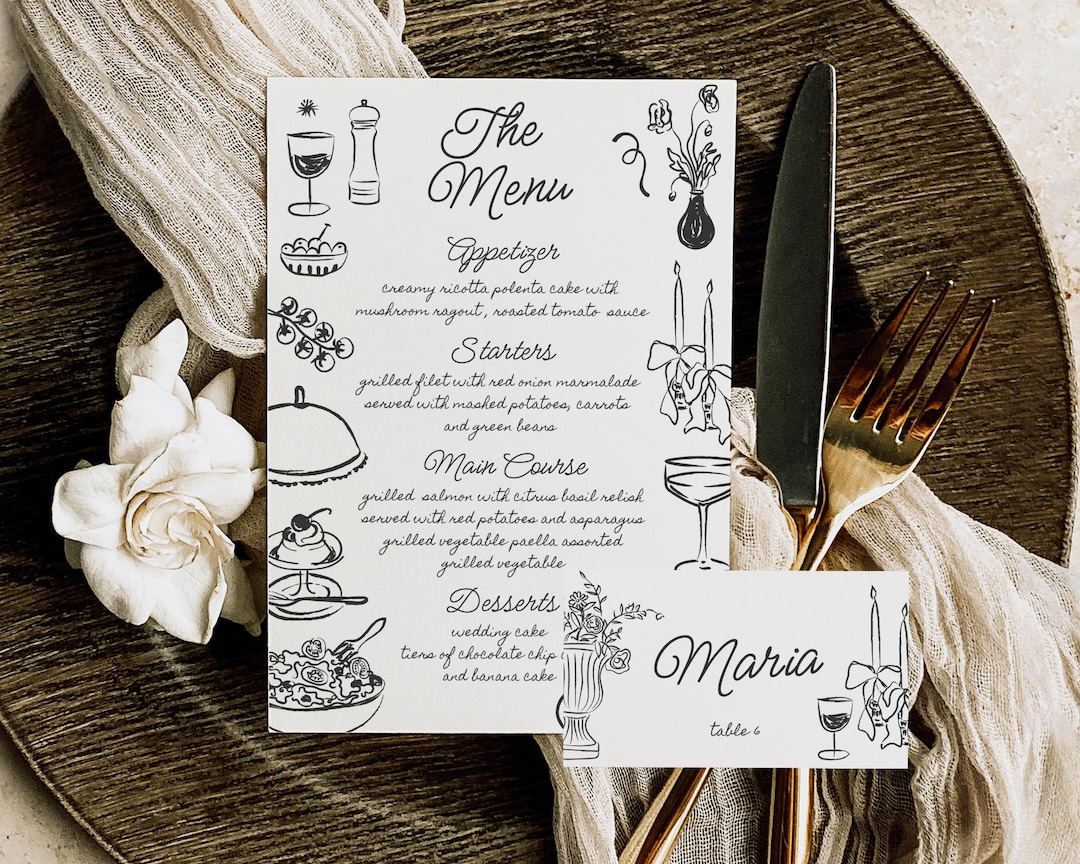 Menu & Place Card Template | Hand Drawn Menu Template | Place Card ...