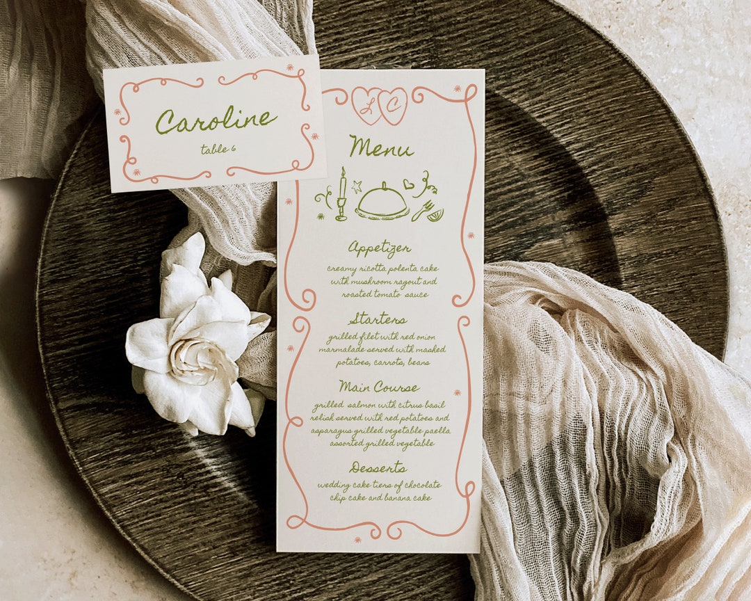 Menu & Place Card Template Hand Drawn Menu Template Wedding Menu Place ...