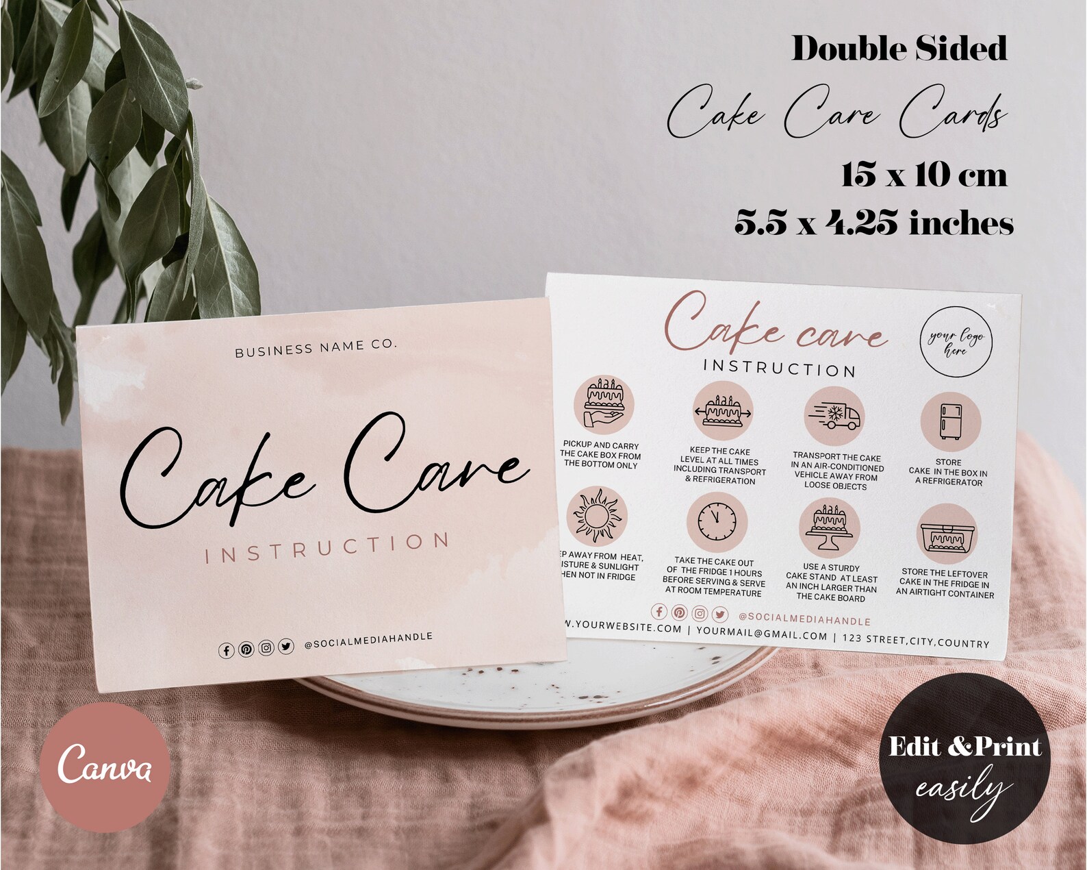 Editable Cake Care Card Template Printable Wedding Cake Care Cards ...