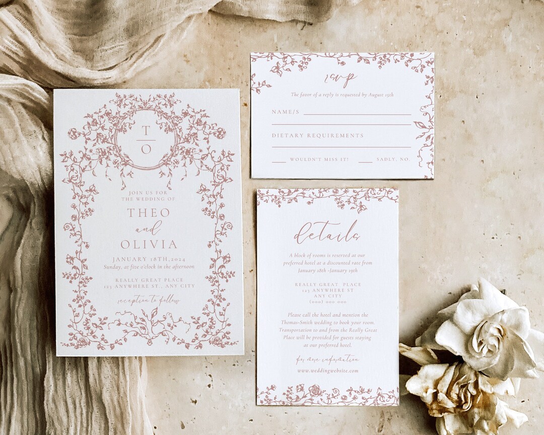Dusty Pink Floral Wedding Invitation Template: Toile De Jouy (digital ...