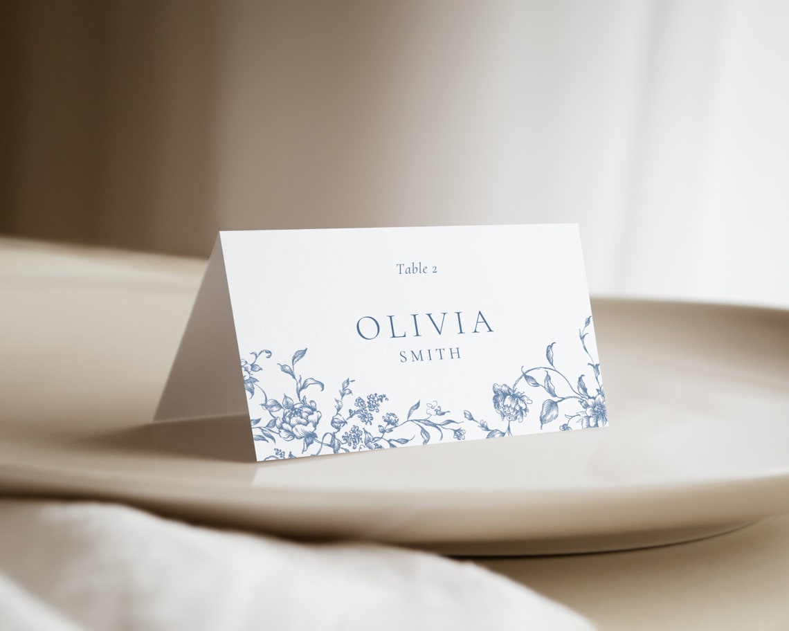 Dusty Blue Menu & Place Card Template French Rose Menu Template Toile ...
