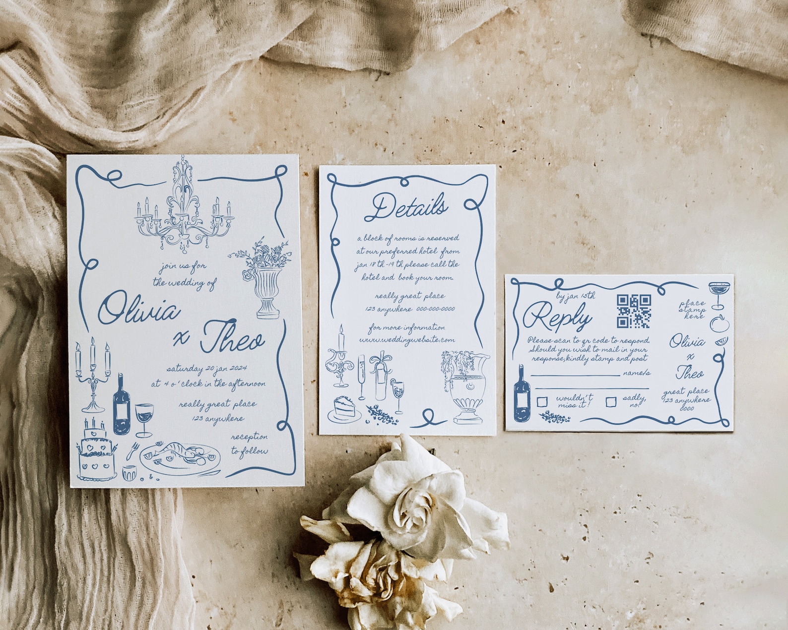 Hand Drawn Wedding Invitation Suite Whimsical Invite Fun Wedding ...