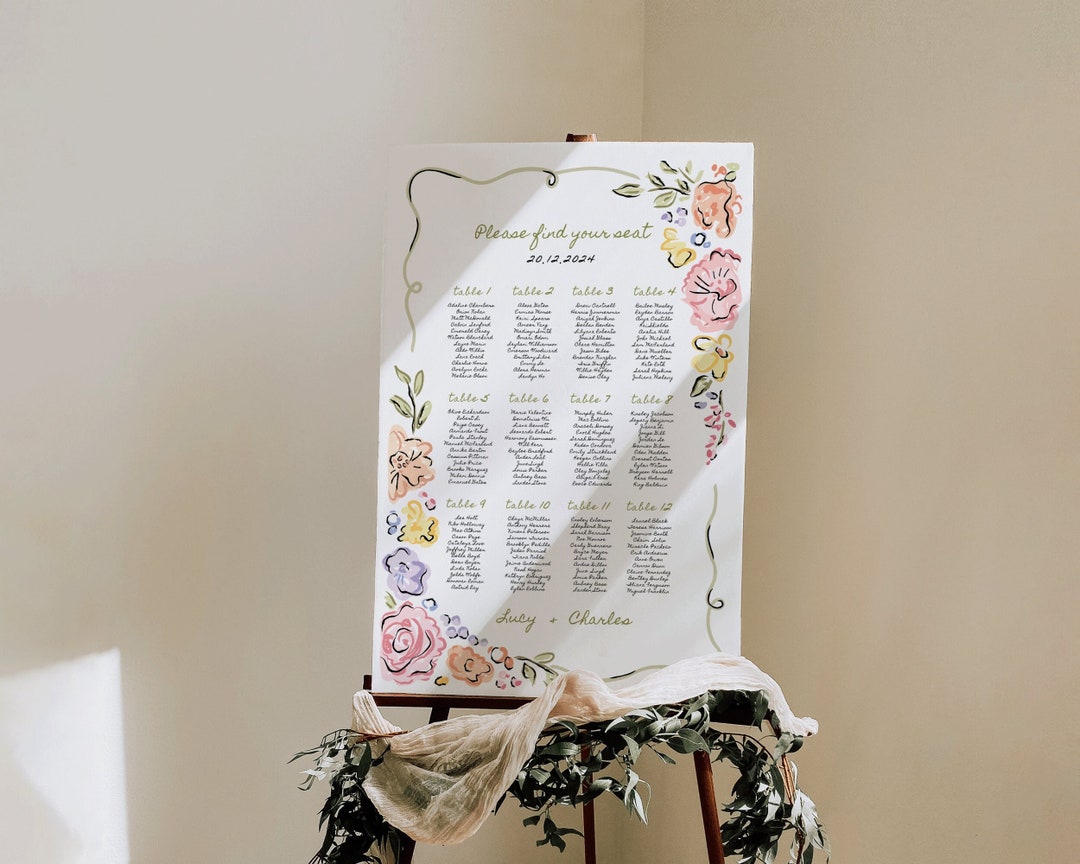 Hand Drawn Floral Wedding Seating Chart | Garden Party Seating Chart ...