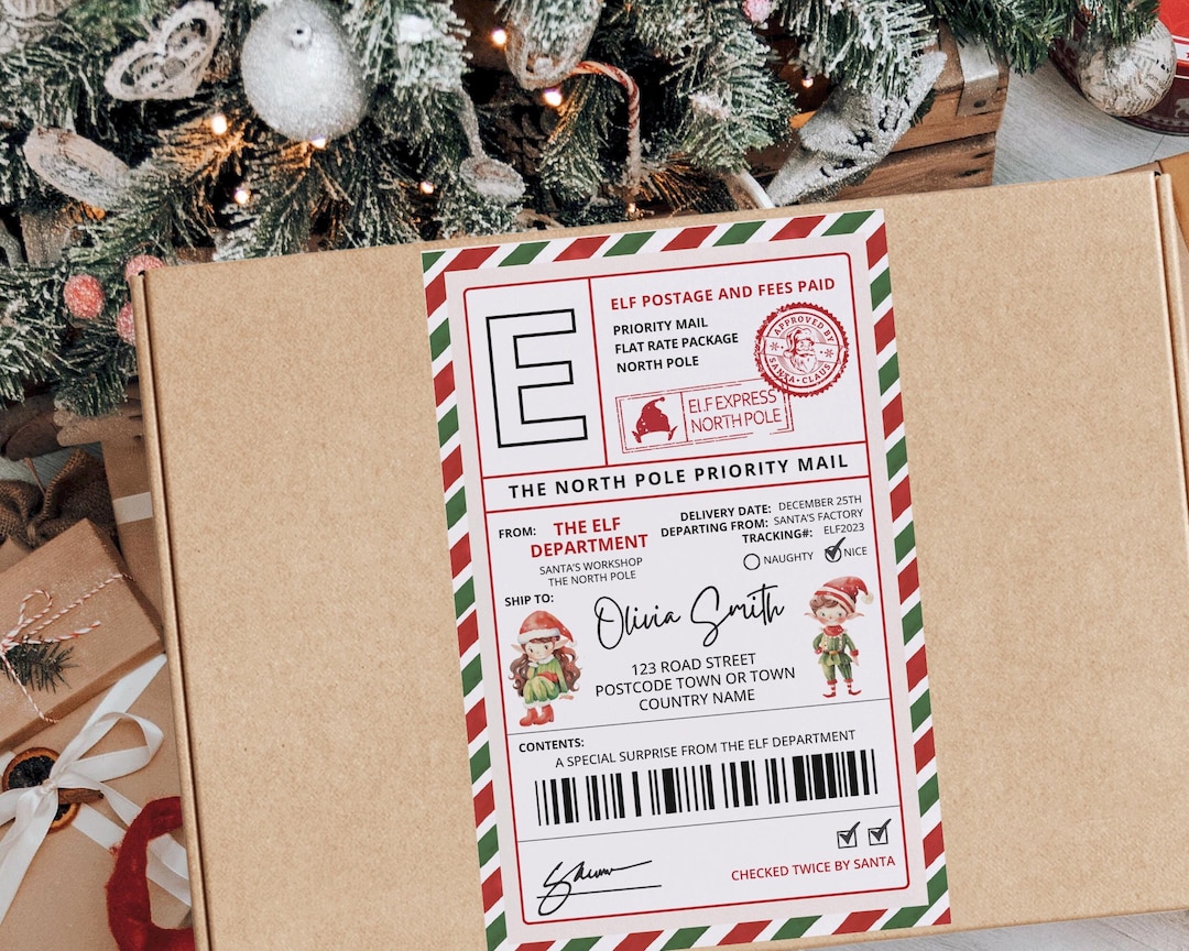 Custom Elf Mail Shipping Label Template Elf Mail Arrival Box Label ...