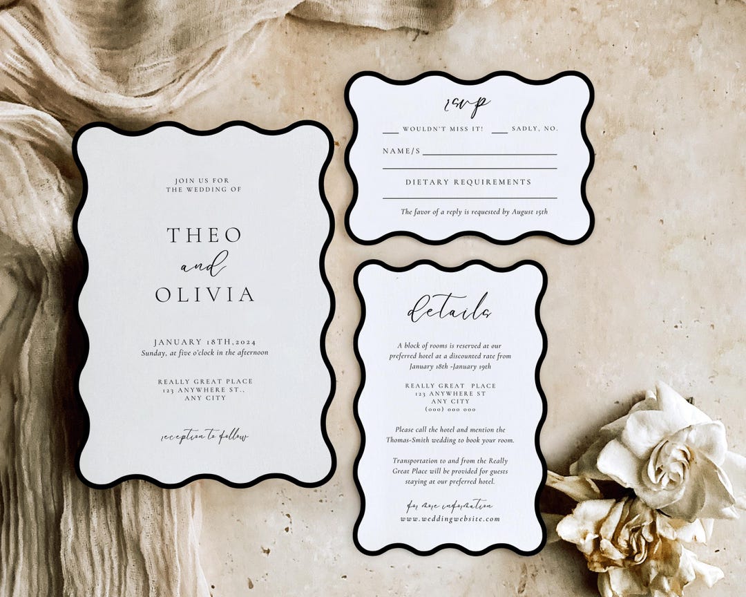 Black Wavy Edge Wedding Invitation Set: Minimalist Template (digital ...