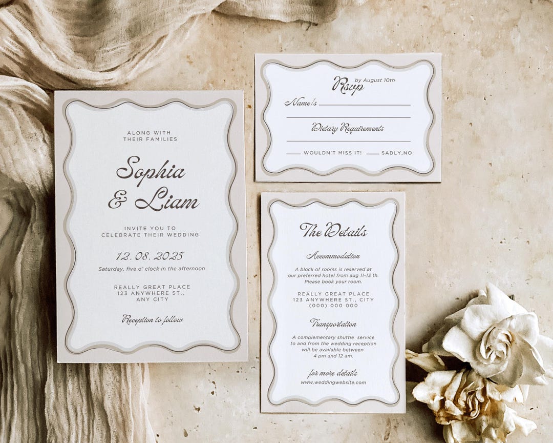 Scallop Edge Wedding Invitation | Wavy Border Invitation | Beige ...