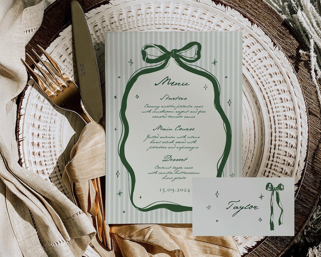 Bow Dinner Menu Template | Printable Ribbon Menu | Stripes Menu | Bow ...