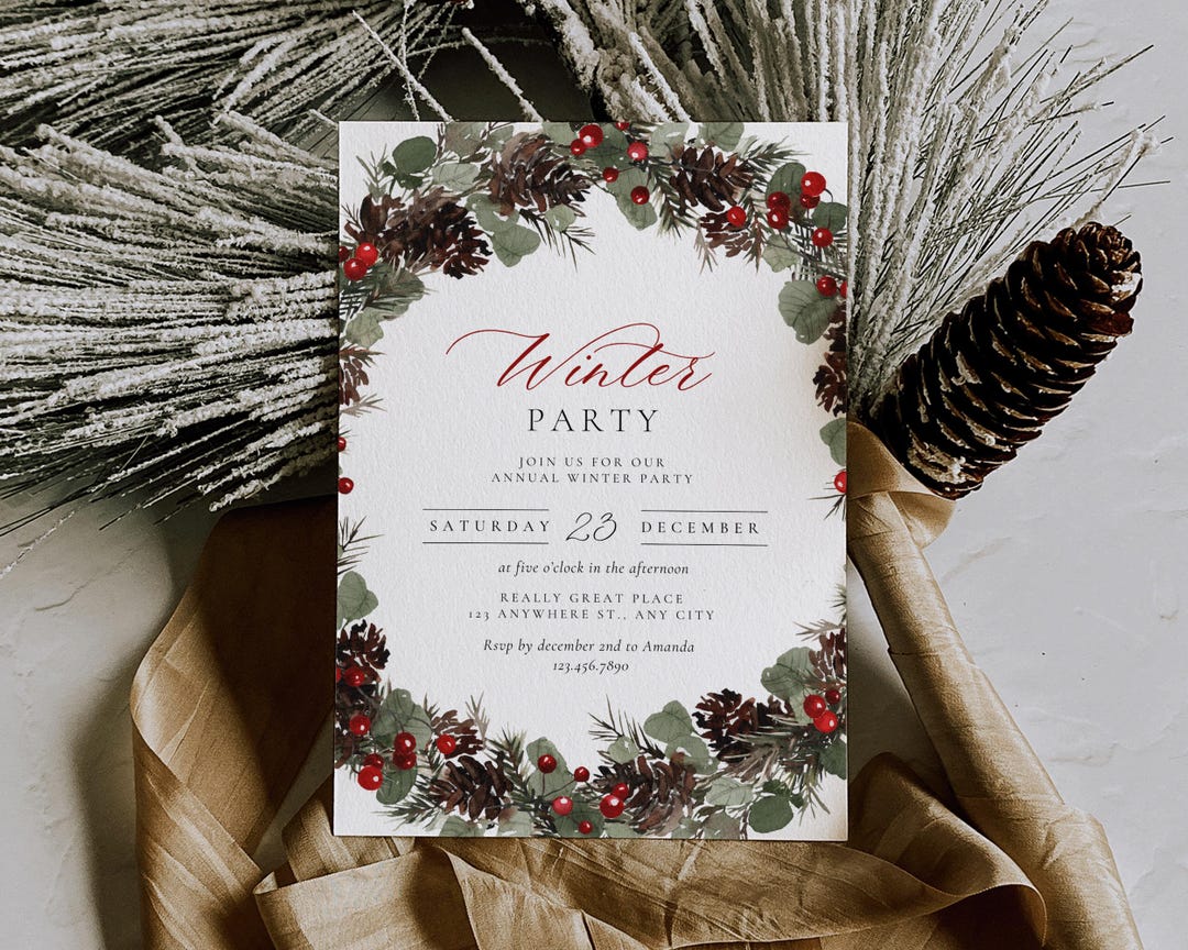Editable Winter Party Invitation Holiday Party Invitation Winter Wreath ...