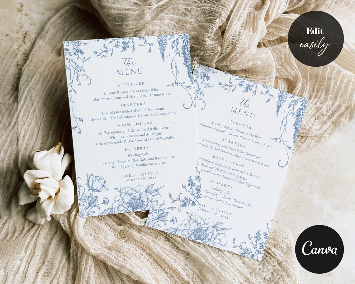 Dusty Blue Menu & Place Card Template French Rose Menu Template Toile ...