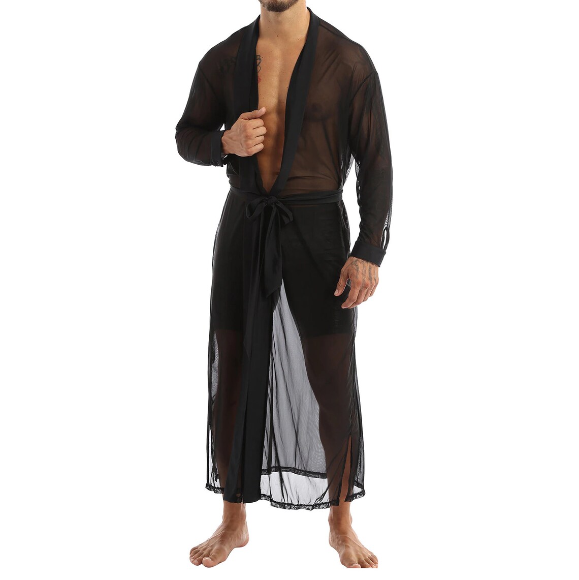 Men's Sheer Mesh See-through Long Casual Shirt Jacket Bathrobe Men's ...