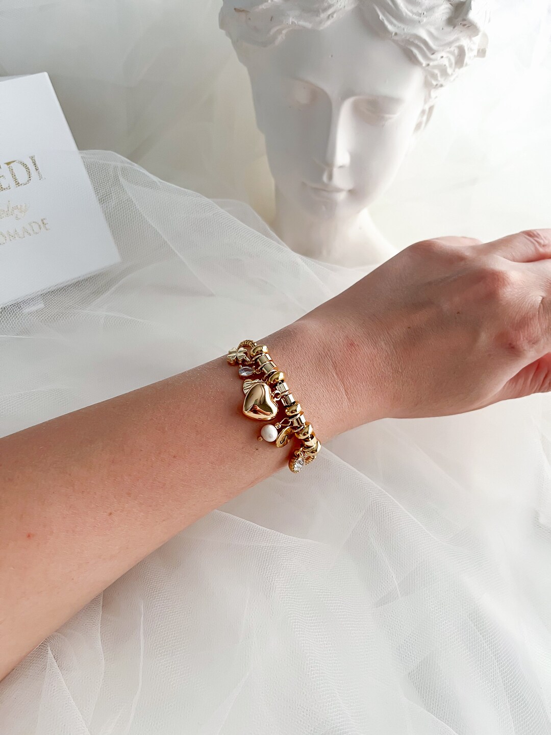 18k Gold Filled Charm Bracelet With 7 Charms, Dainty Custom Charm ...