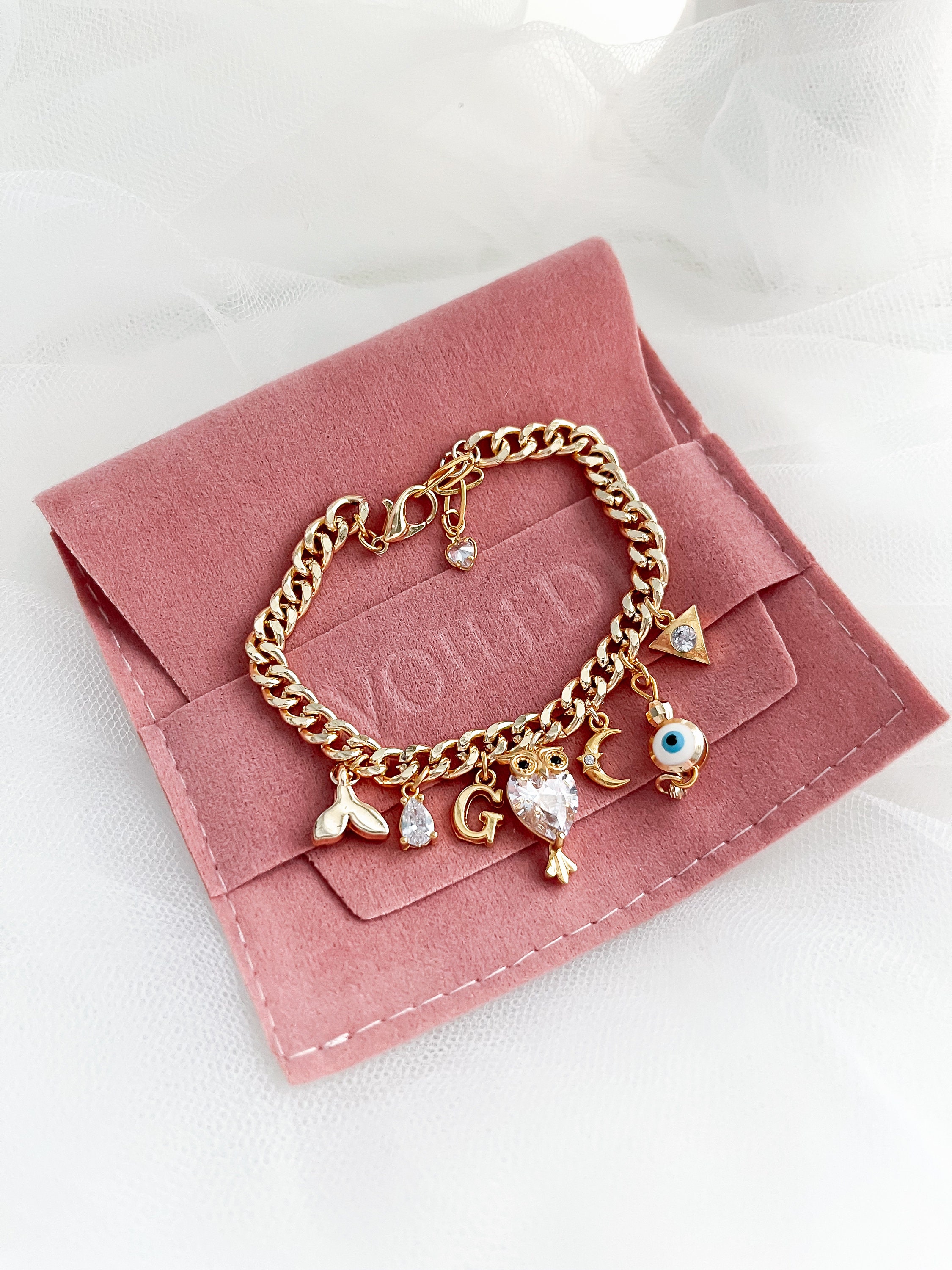 18k Gold Filled Charm Bracelet With 6 Charms, Dainty Custom Charm ...
