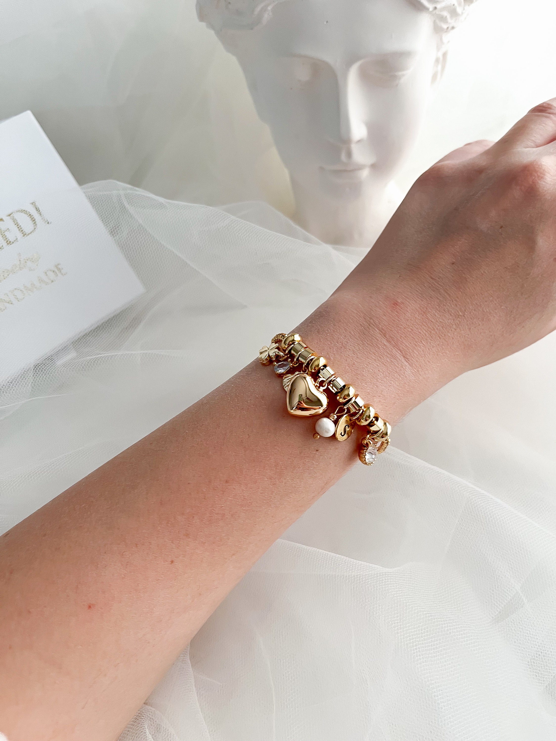 18k Gold Filled Charm Bracelet With 7 Charms, Dainty Custom Charm ...