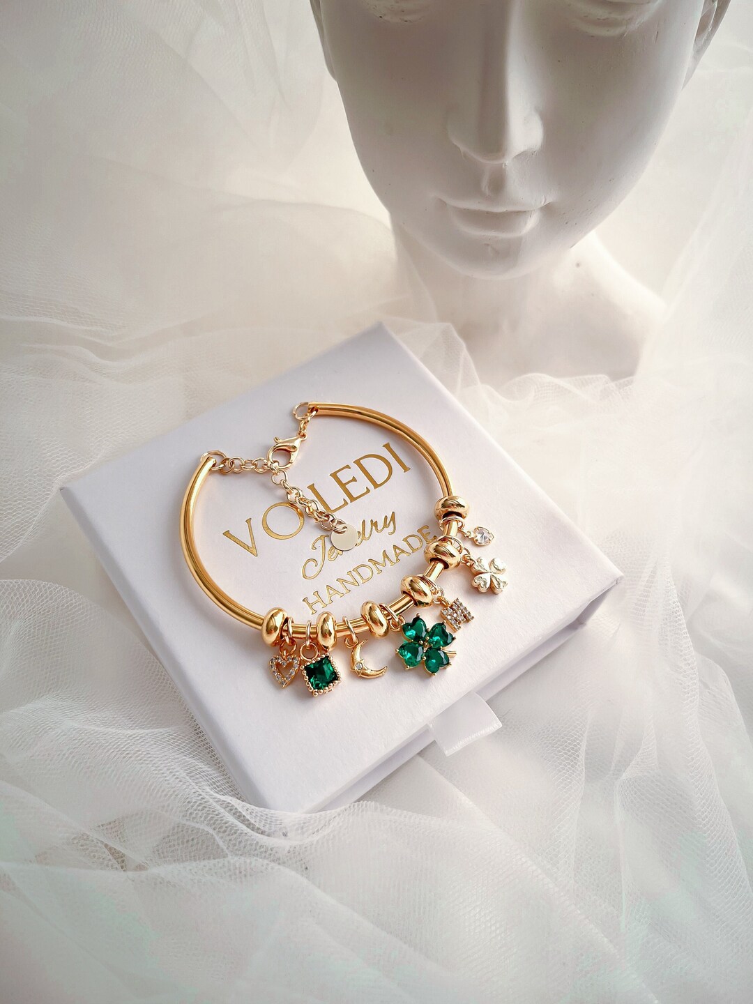 24k Gold Filled Charm Bracelet With 7 Charms, Dainty Custom Designed ...