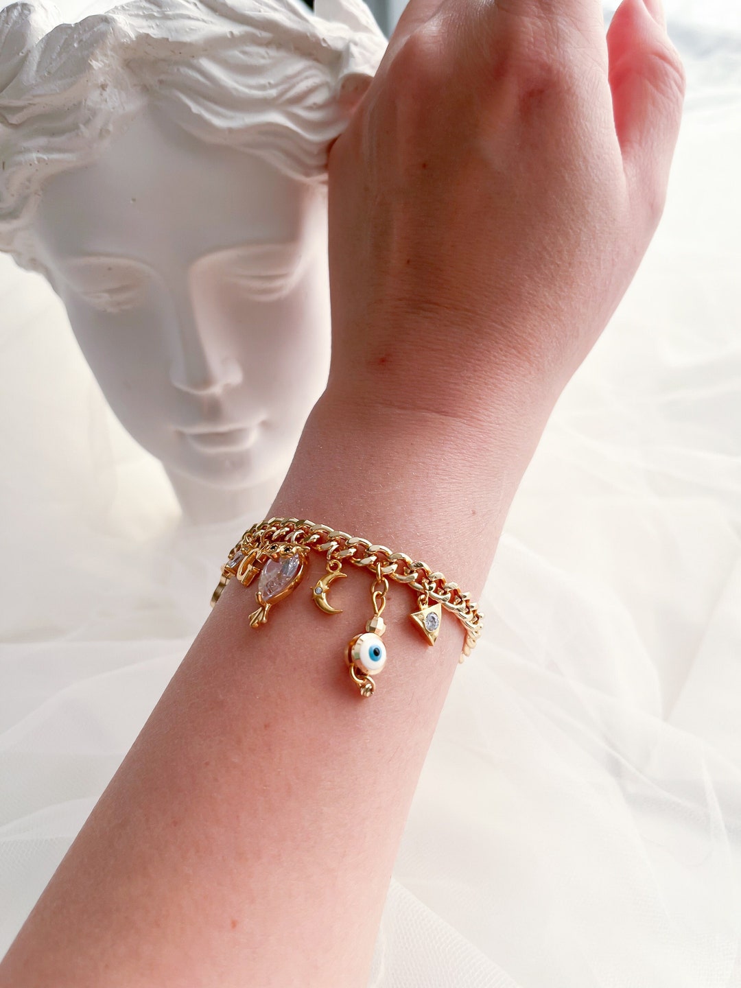 18k Gold Filled Charm Bracelet With 6 Charms, Dainty Custom Charm ...