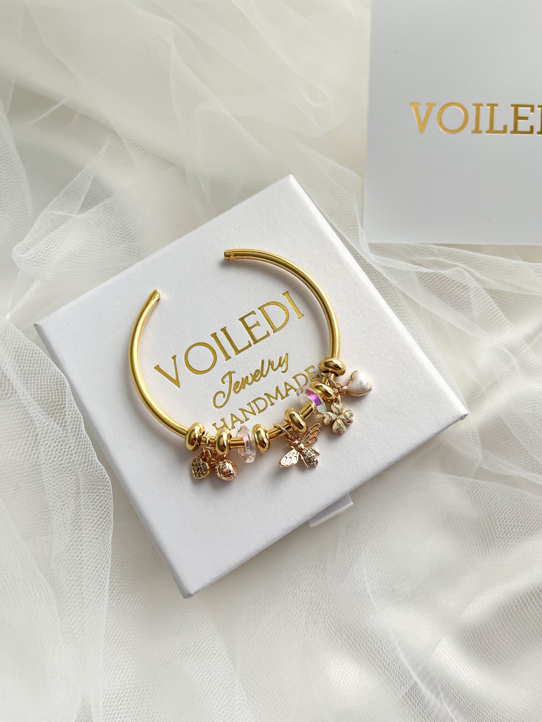 24k Gold Filled Charm Bracelet With 7 Charms, Dainty Custom Designed ...