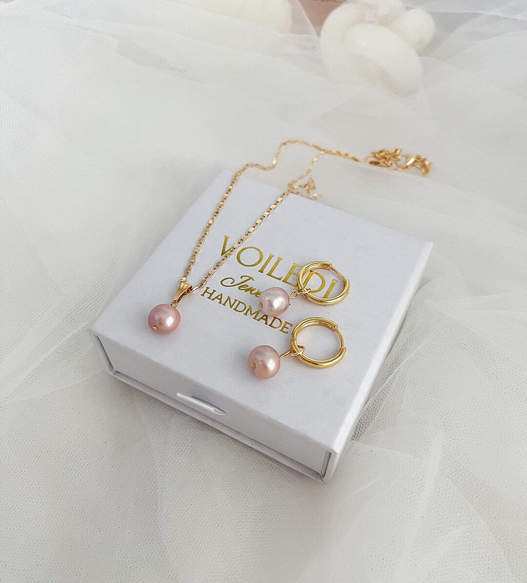Pink Pearl Set: 18k Gold Filled Necklace and Earrings - Etsy