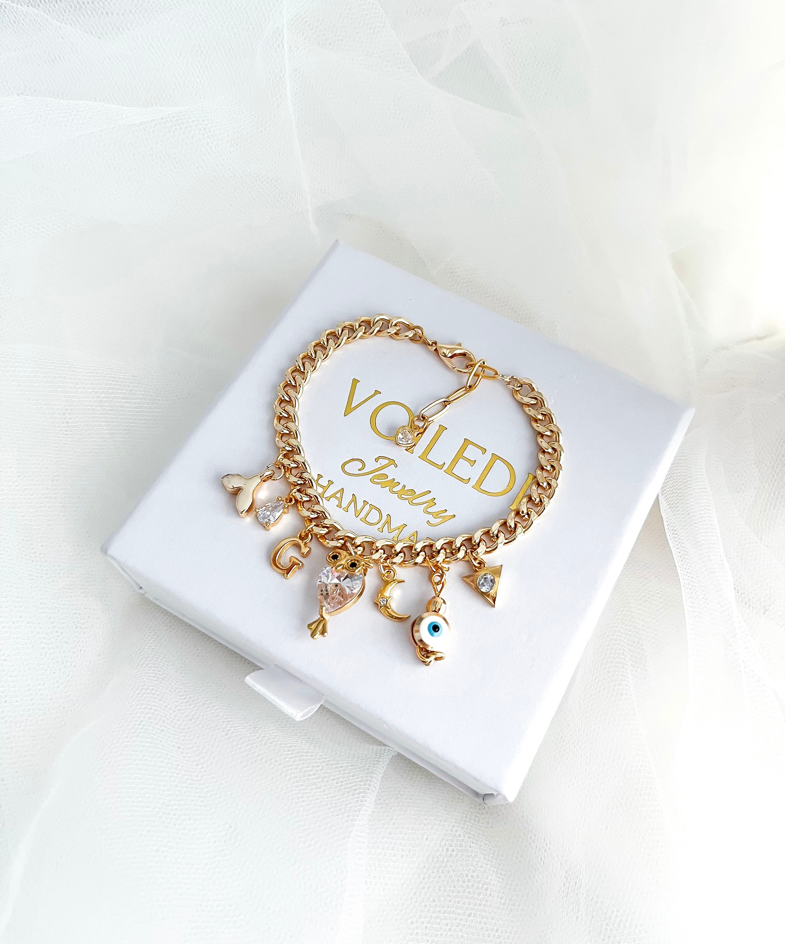 18k Gold Filled Charm Bracelet With 6 Charms, Dainty Custom Charm ...