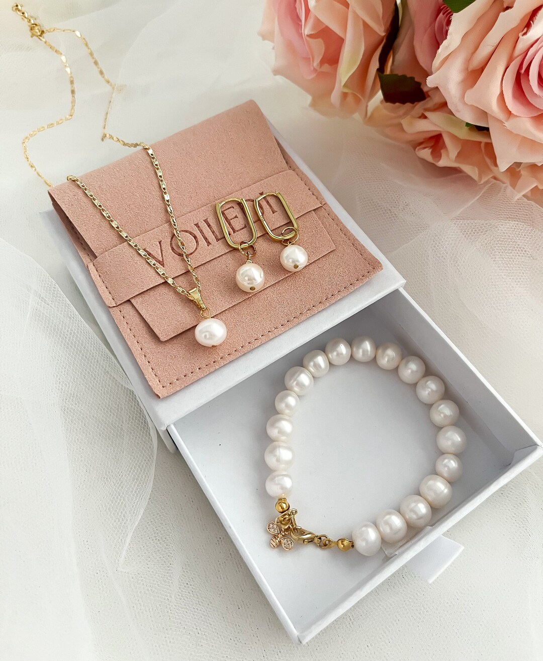 Natural Freshwater Pearl Set, 18k Gold Filled Pearl Set for Woman ...