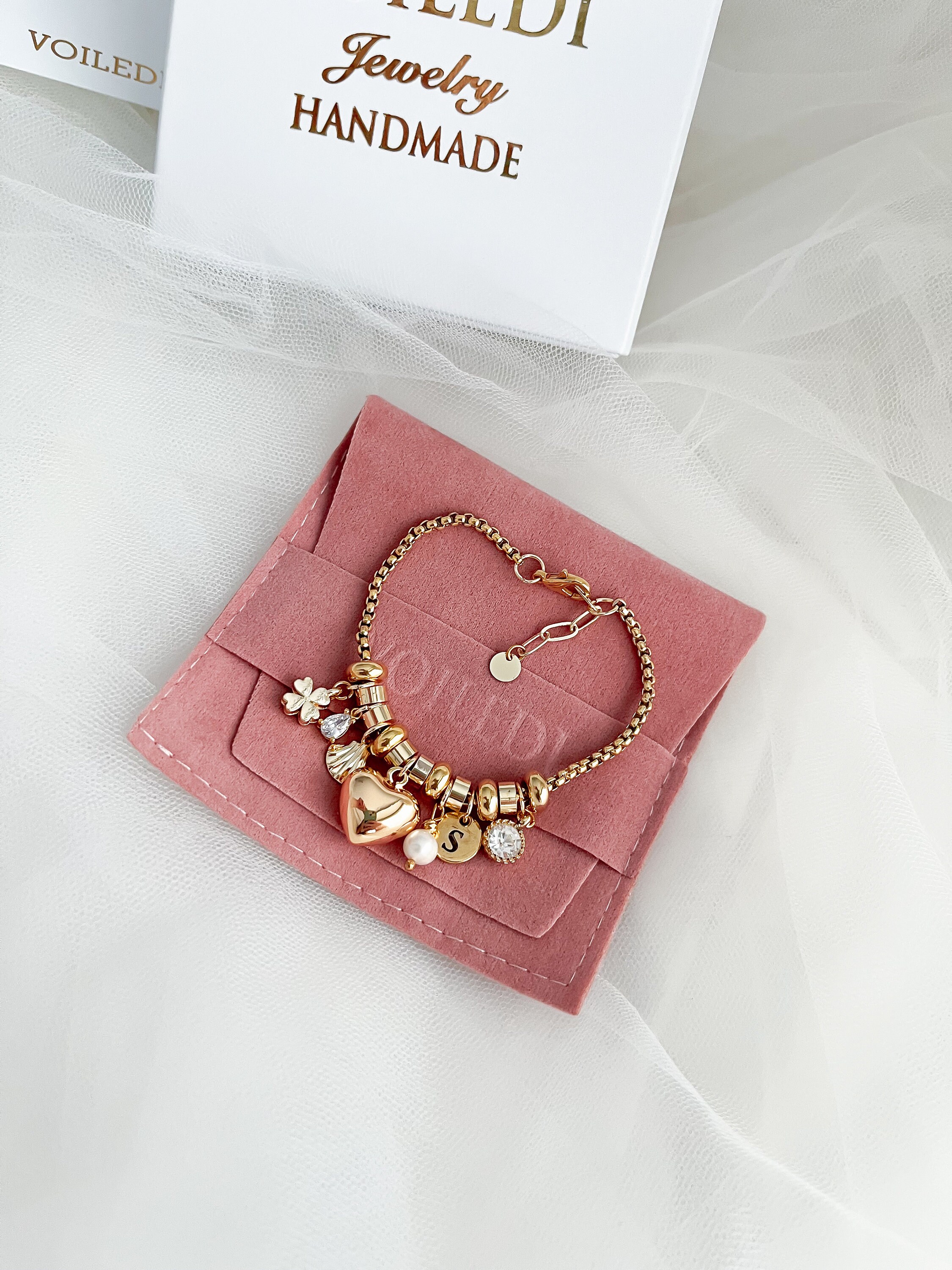 18k Gold Filled Charm Bracelet With 7 Charms, Dainty Custom Charm ...