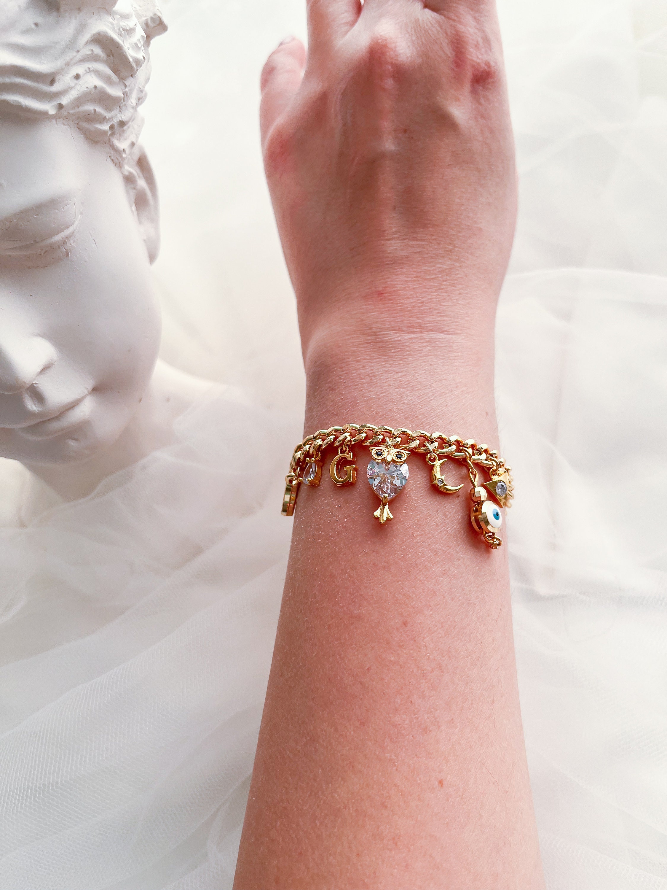 18k Gold Filled Charm Bracelet With 6 Charms, Dainty Custom Charm ...