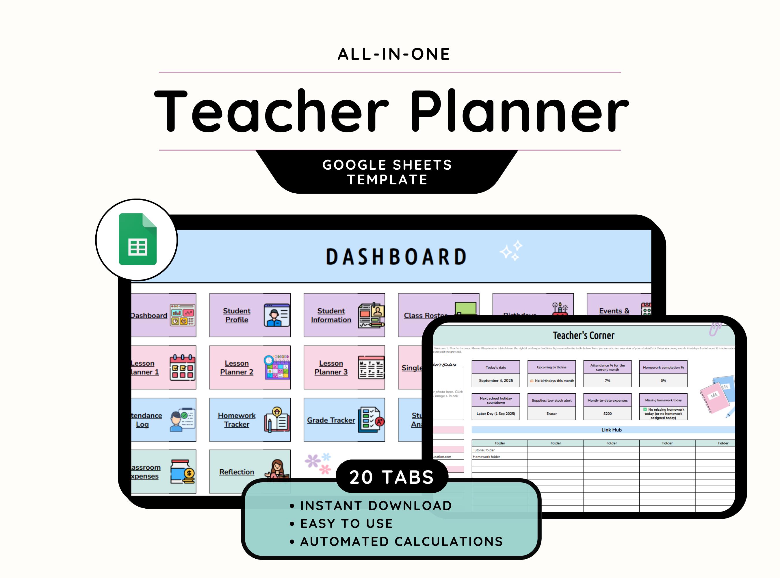 Teacher Planner Google Sheets| Teacher Student Planner 2026-2027 ...
