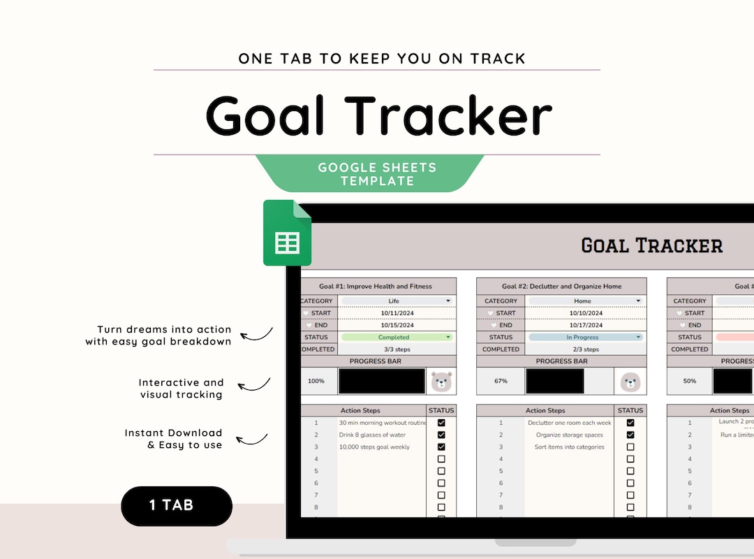 Goal Tracker Spreadsheet | Goal Planner | Google Sheets Template | Goal ...