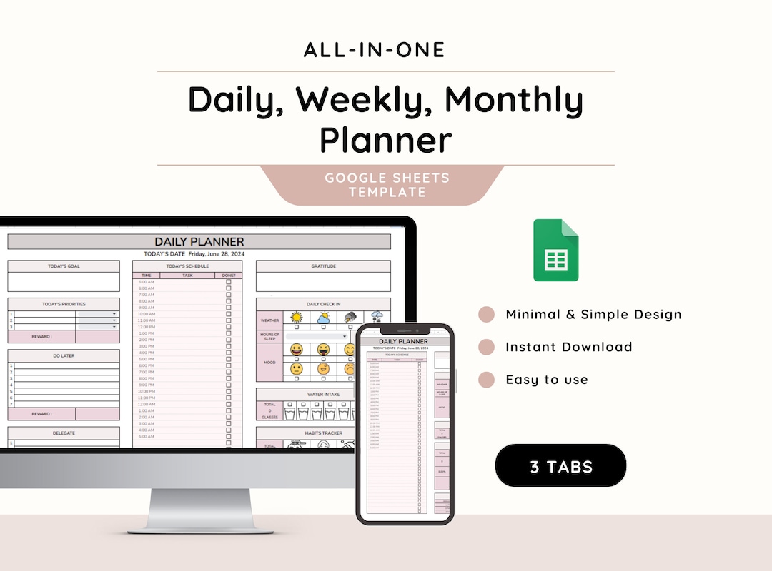 Daily Planner Spreadsheet| Google Sheets Template| Weekly Planner ...