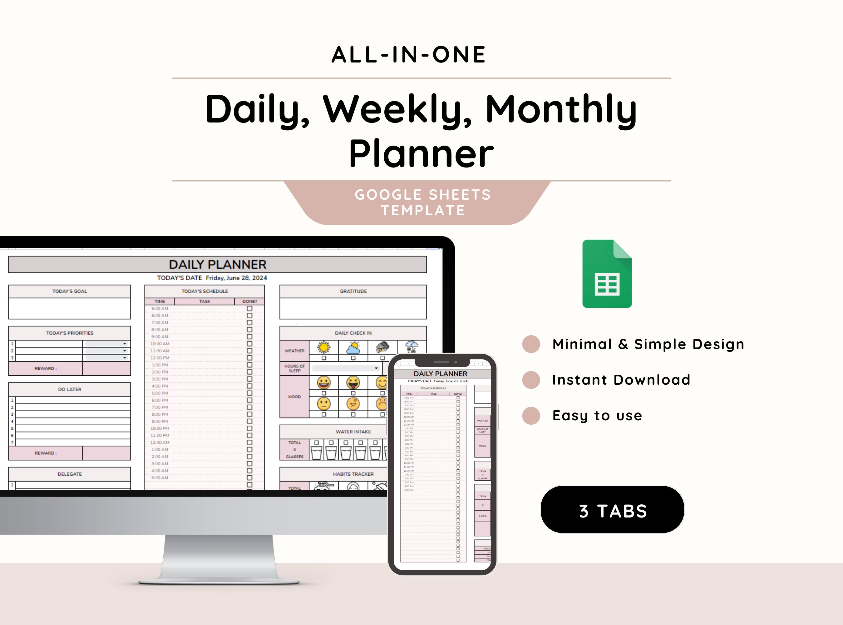 Daily Planner Spreadsheet Google Sheets Template Weekly Planner Monthly ...