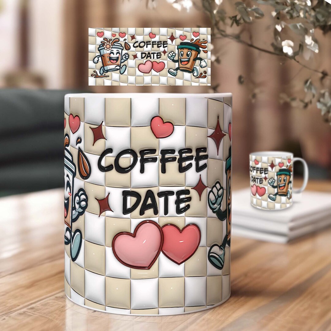 3D Inflated Sublimation Mug Design – Coffee Date PNG Print Template ...