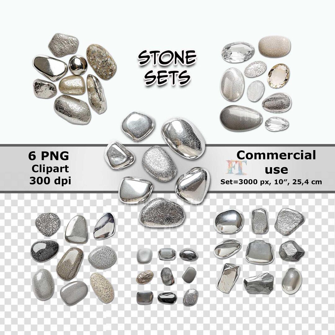 Stones Clipart Set, Transparent PNG Files in 300 Dpi, Silver Glossy ...