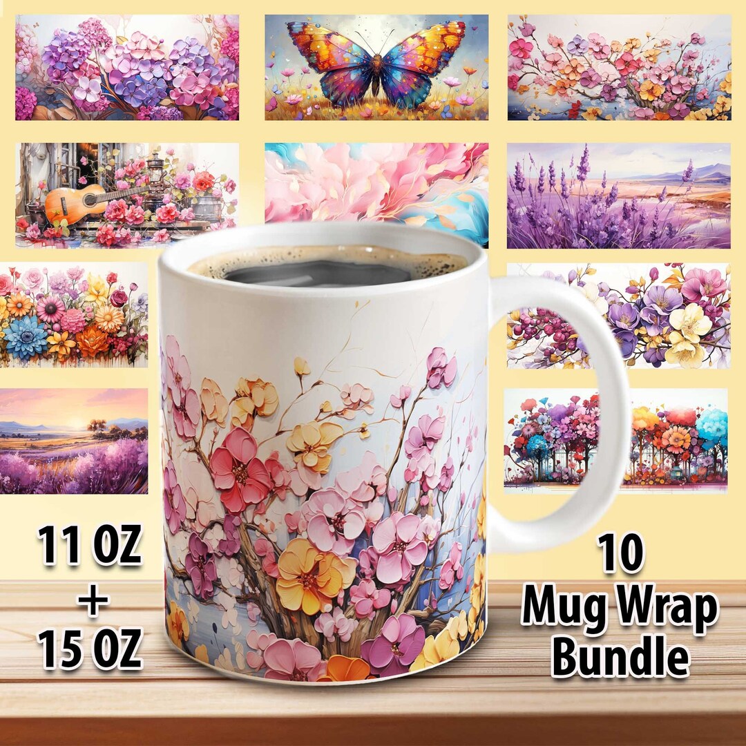 10 Sublimation Print Templates Bundle for Mugs Flower Motifs 11 OZ and ...