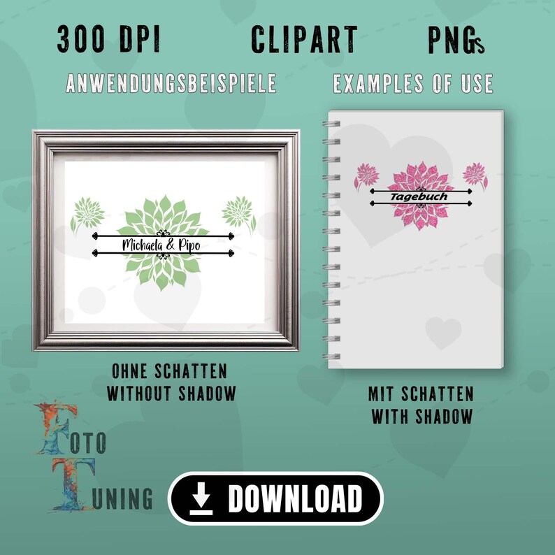 Split Flower Frame Clipart – 5 PNG Files, With and Without Drop Shadow ...