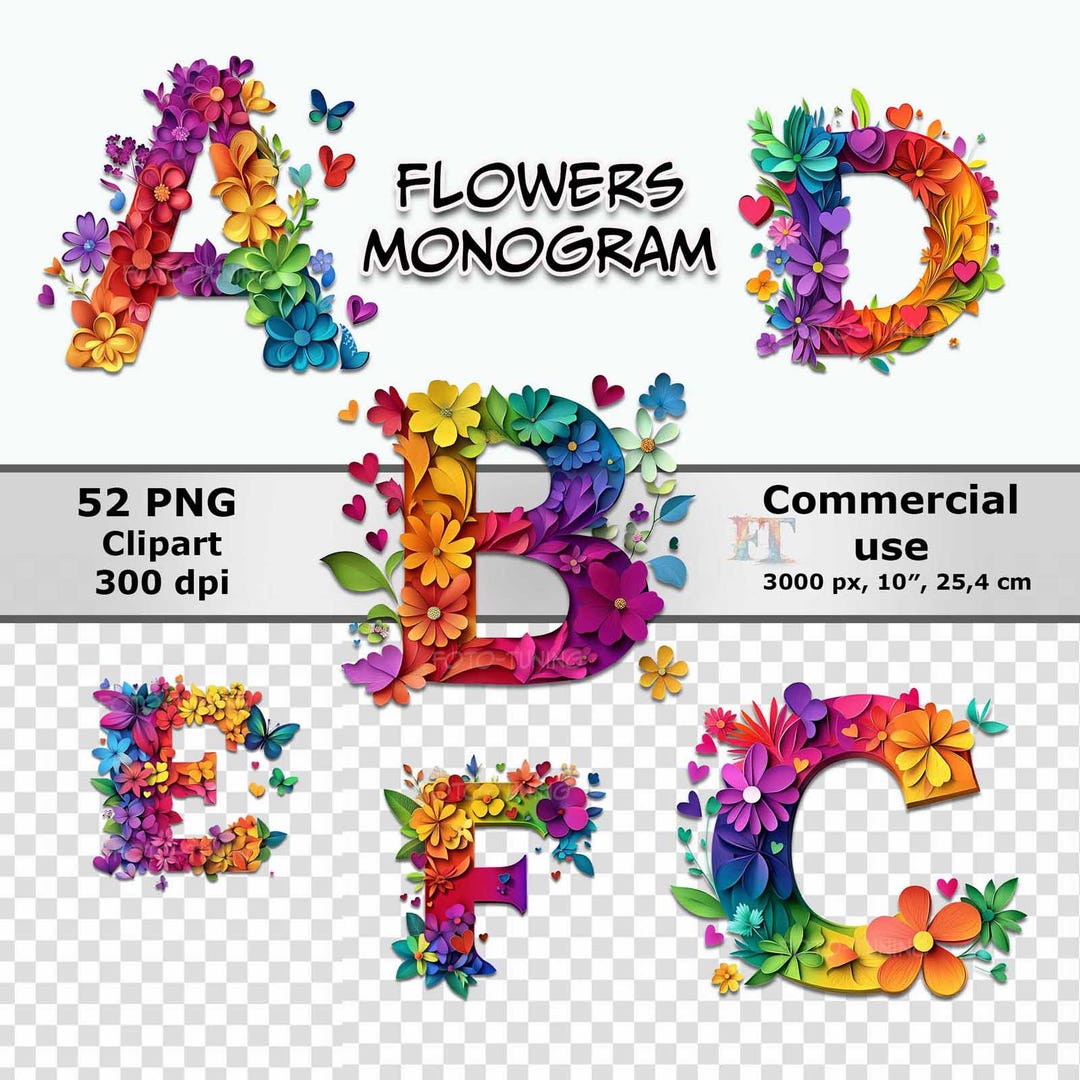 Floral Monogram Clipart Bundle – 52 PNG Files, A-Z Alphabet, 300 Dpi ...