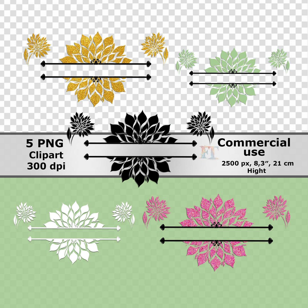Split Flower Frame Clipart – 5 PNG Files, With and Without Drop Shadow ...