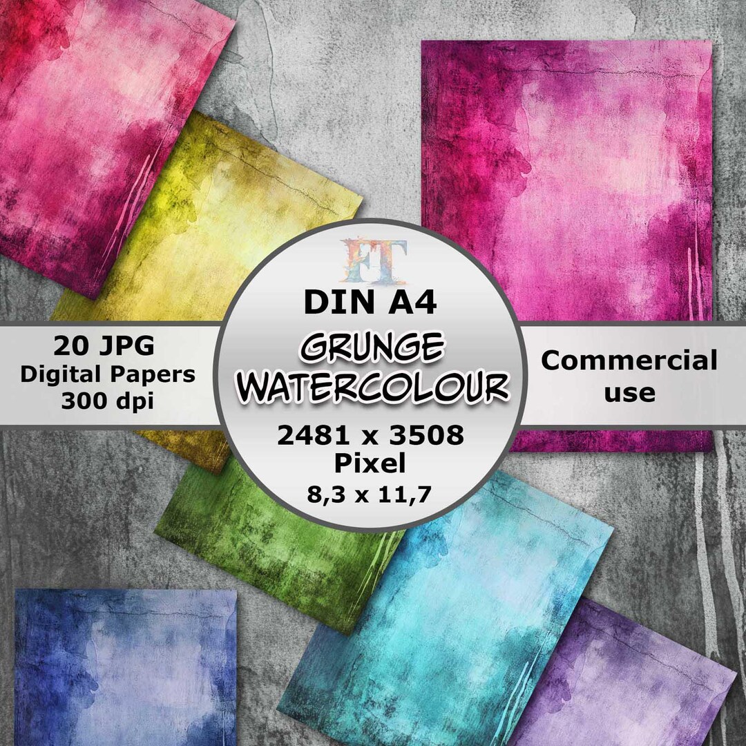 Watercolor Grunge Digital Paper Set A4 – 20 Colors, Watercolor Texture ...
