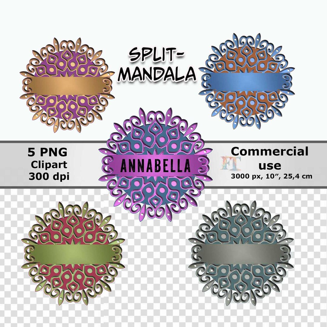 Split Mandala Clipart Set, Customizable, PNG With Text Space, 300 Dpi ...