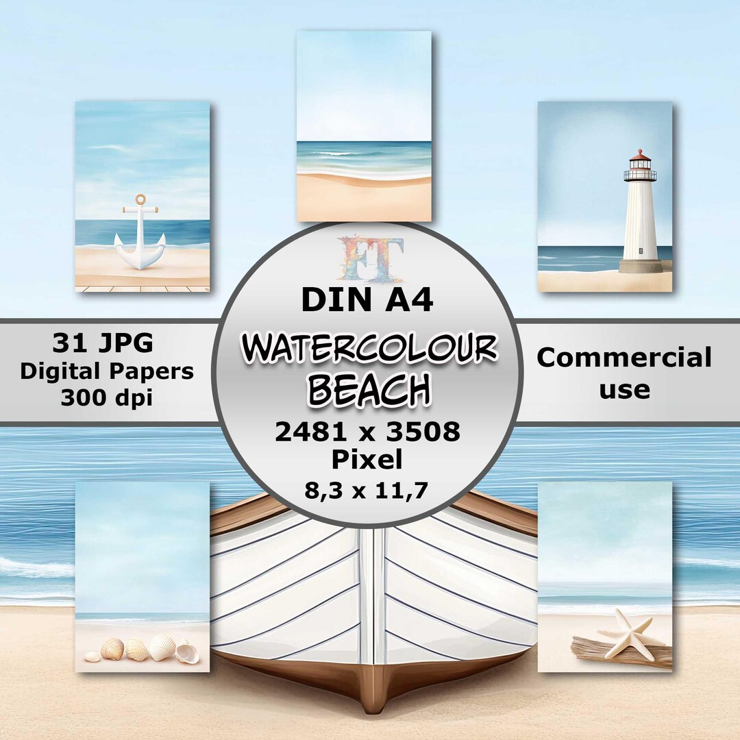 Watercolor Beach Backgrounds – Digital Paper DIN A4, Perfect for ...
