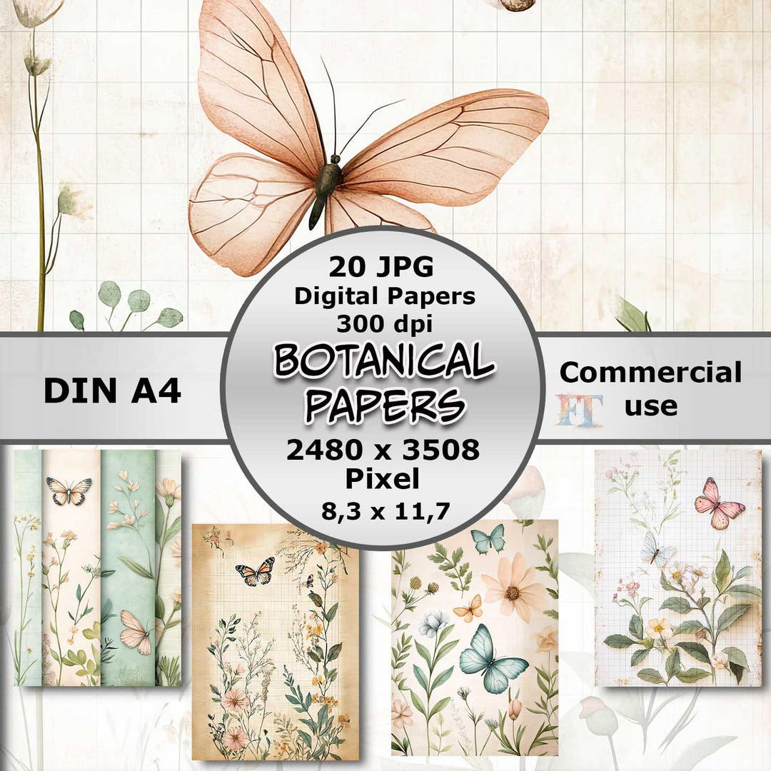 Digital Paper Set, DIN A4, Flowers & Butterflies on Vintage Writing ...