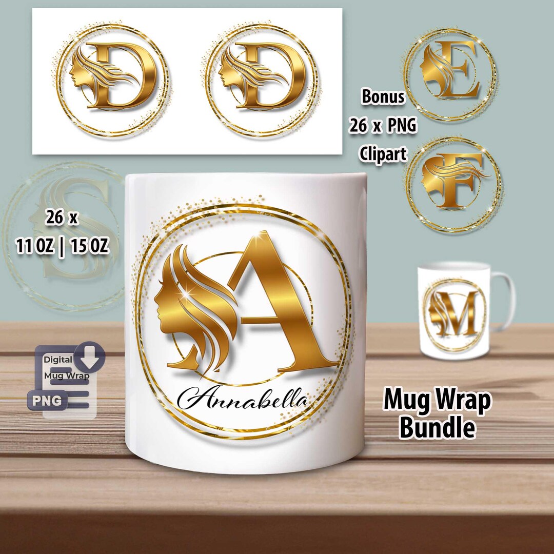 Sublimation Mug Design – Gold Monogram Letter Bundle With Female ...