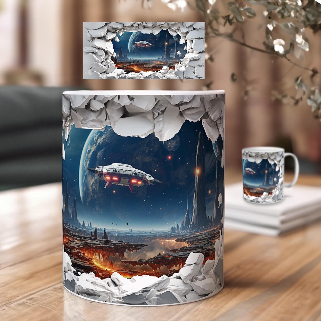 3D Hole in Wall Design Sci-fi Mugs Sublimation Design Spaceship Sublimation Design PNG Download ...