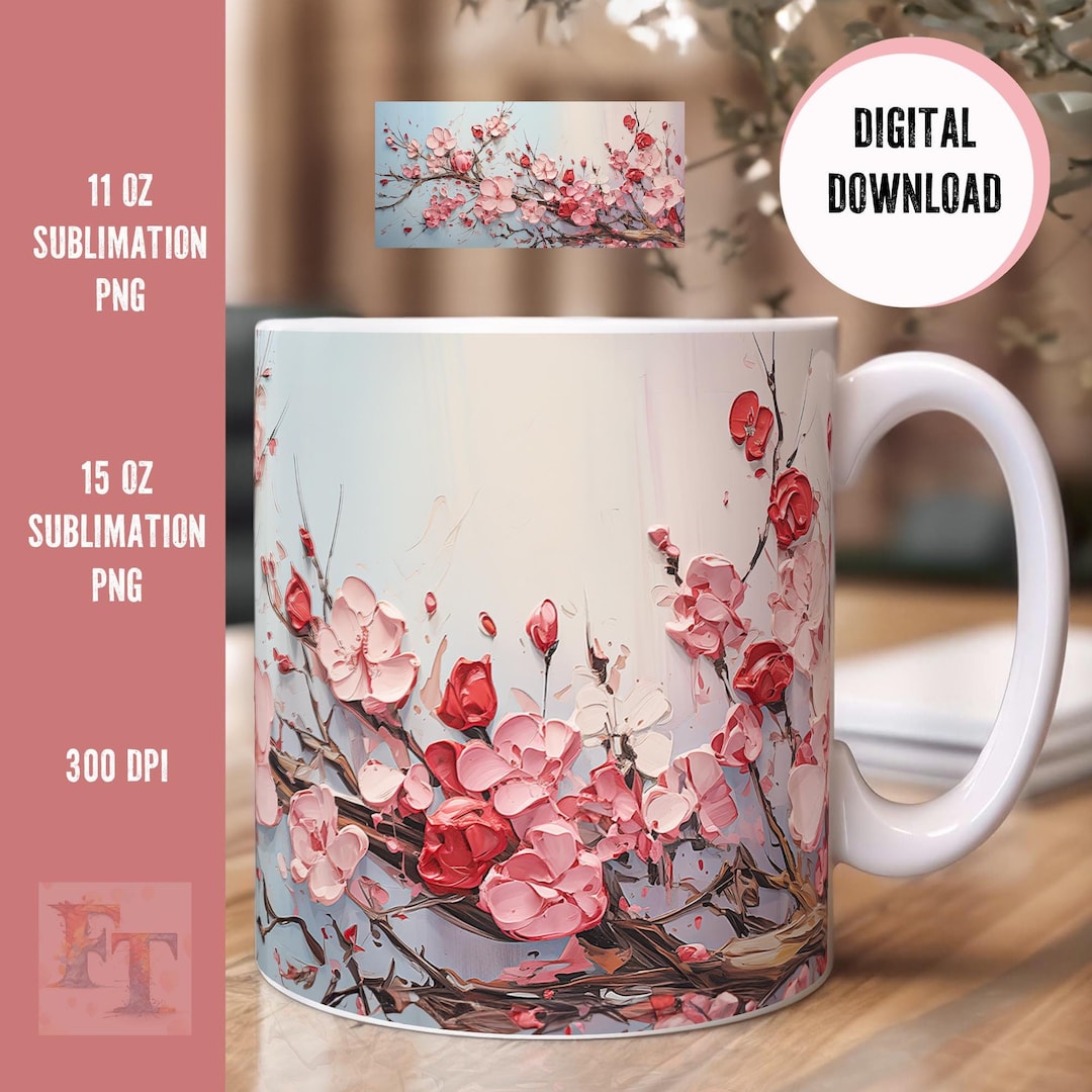 3D Sublimation Mug Design | 3D Almond Blossoms in Abstract Oil Painting ...