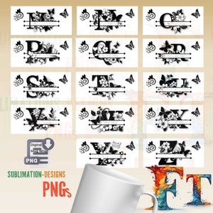 Monogram Alphabet Mug Wrap Sublimation – Split Floral Alphabet PNG ...
